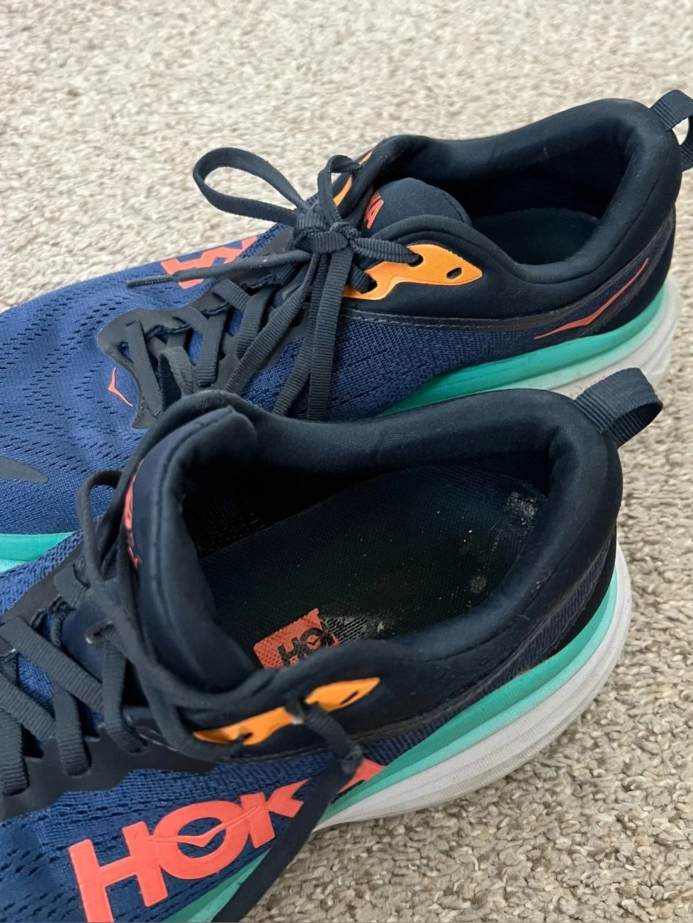 Hoka | Shoes | Hoka Bondi 8 Navy Running Shoes With Coral Logo And Teal ...